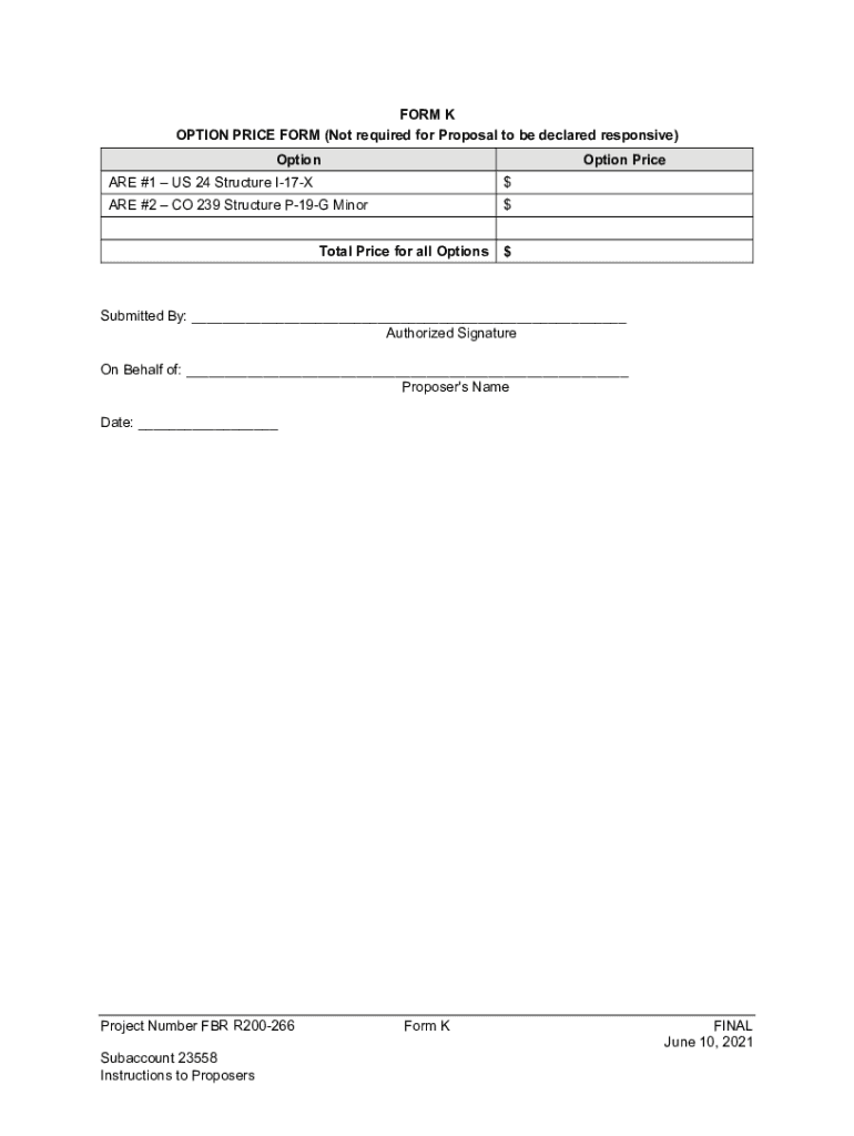 Fillable Online 23558 - FINAL ITP - Form K Option Price Form.docx Fax Email Print - pdfFiller