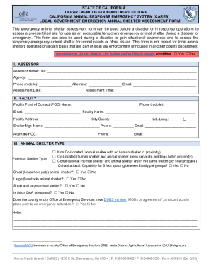 Fillable Online CDFA CARES Local Government Emergency Animal Shelter Assessment Form. CDFA CARES ...
