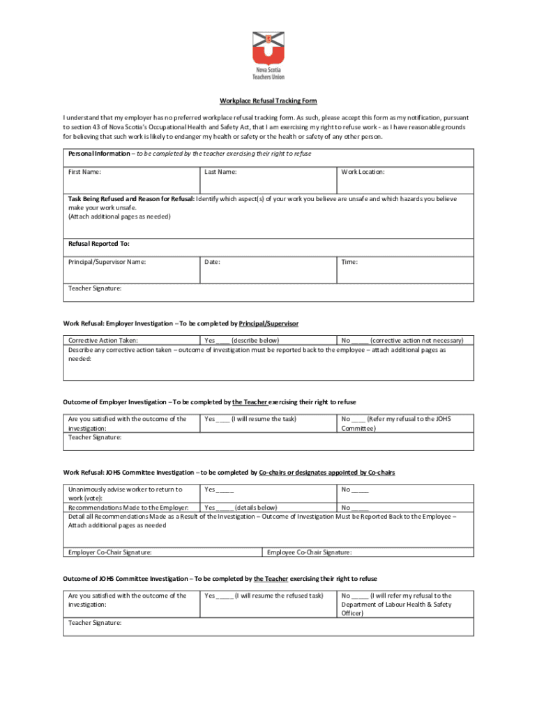 Fillable Online Workplace Refusal Tracking Form Fax Email Print - pdfFiller