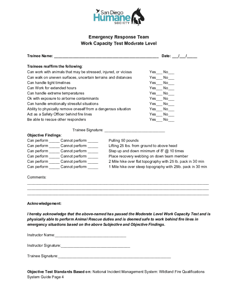Fillable Online Emergency Response Team Work Capacity Test Mode ... Fax ...