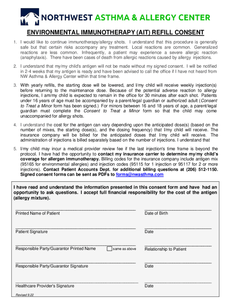 Fillable Online I mmunotherapy - General Information About Allergy ...