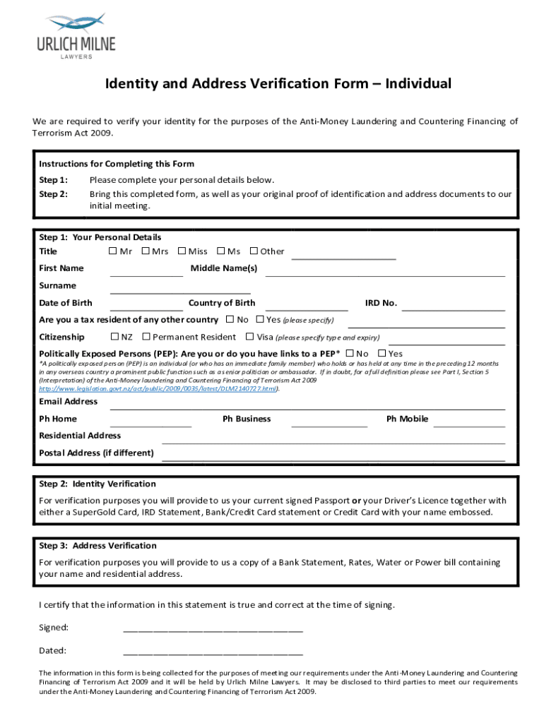Fillable Online Identity and Address Verification FormIndividual Fax ...