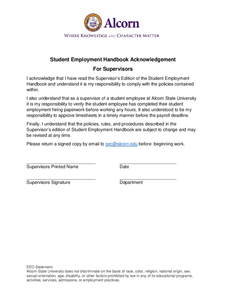 Fillable Online Student Employment Handbook Acknowledgement For ... Fax ...