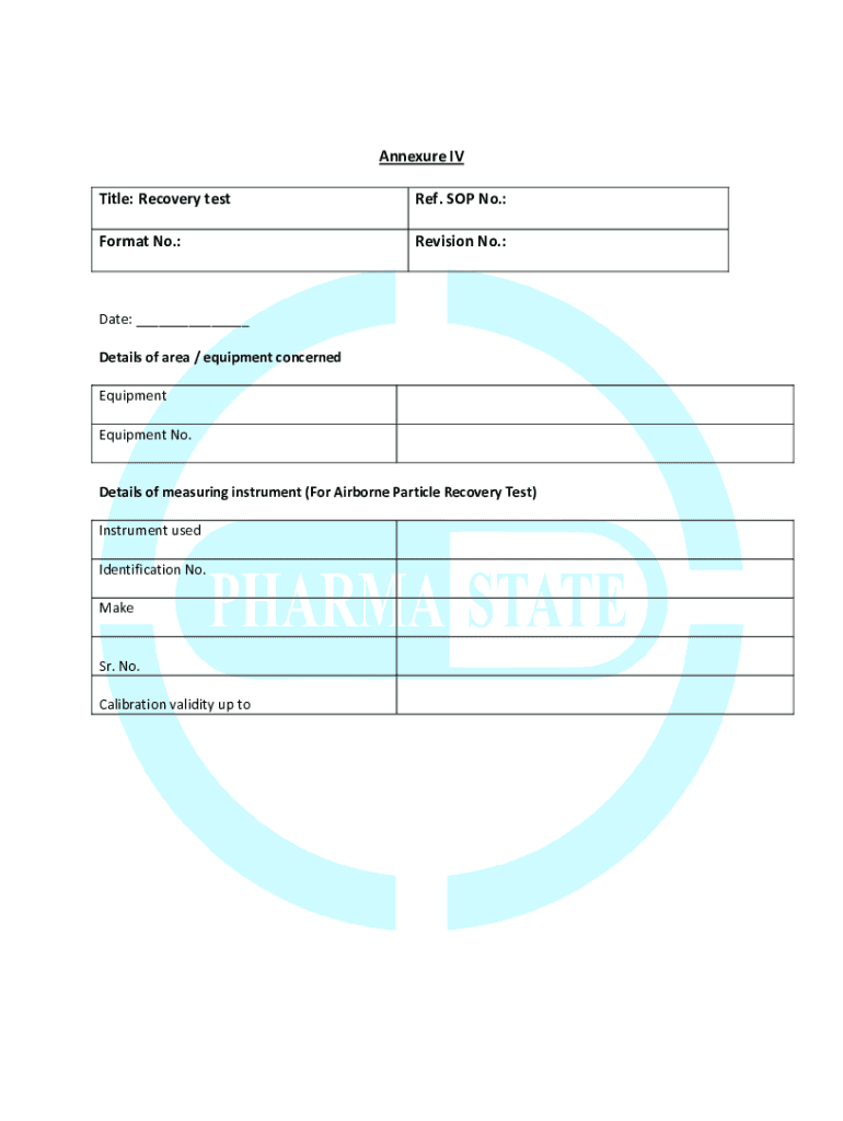 Fillable Online Annexure IV Title: Recovery test Ref. SOP No.: Format ...