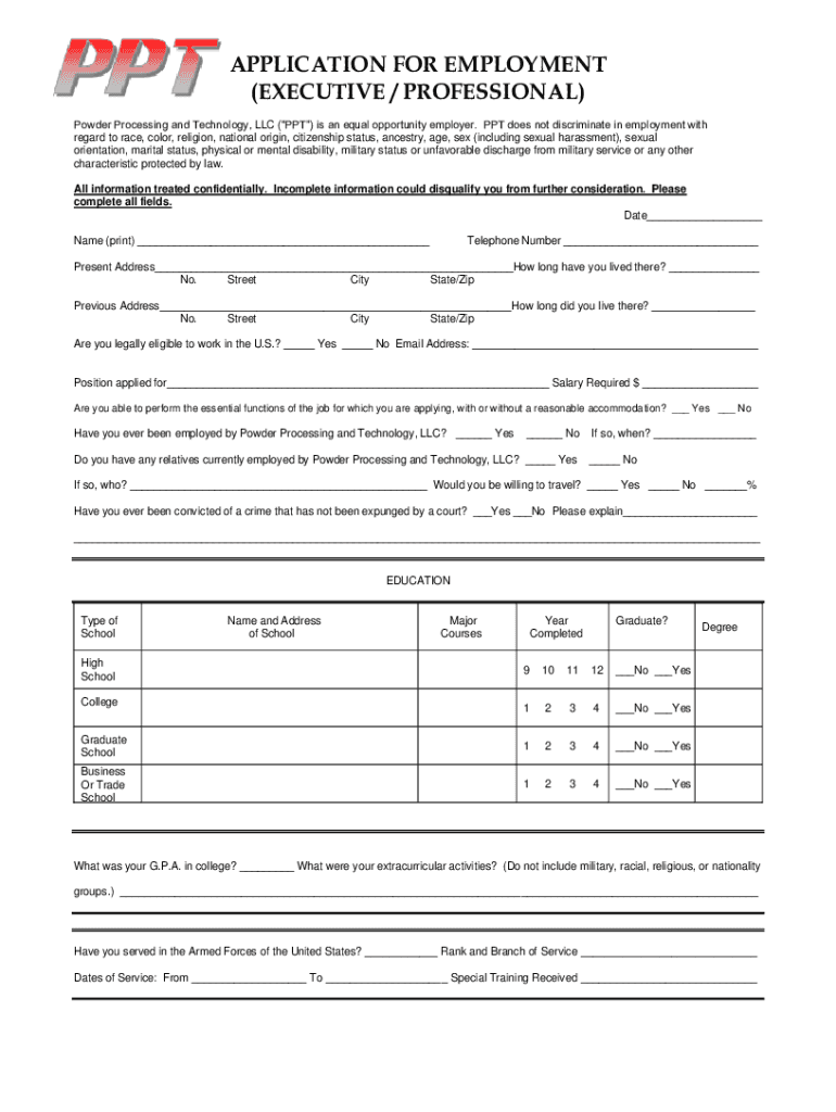 Fillable Online APPLICATION FOR EMPLOYMENT (EXECUTIVE ... Fax Email ...