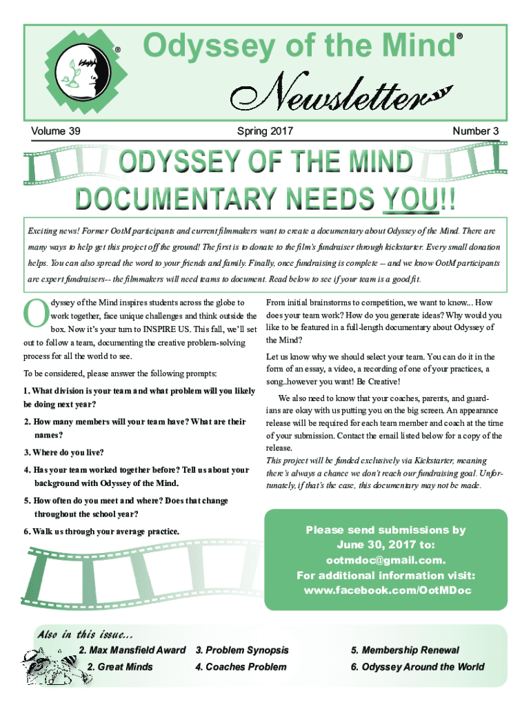 Fillable Online odyssey of the mind documentary needs you!! Fax Email Print - pdfFiller