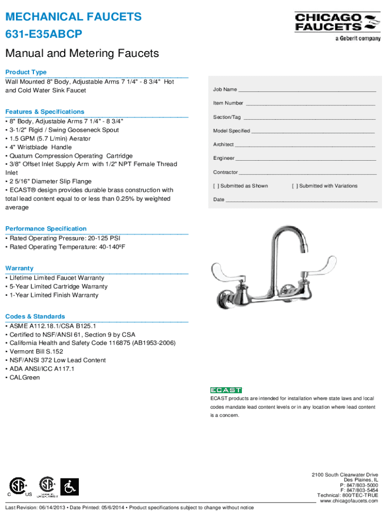 Fillable Online Chicago Faucets 737-XKCRCF Hot Cold Water Sink Faucet ...