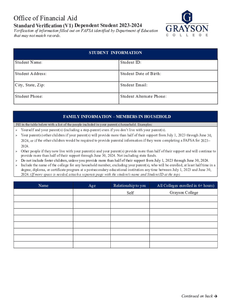 Fillable Online Standard Verification (V1) for Dependent Student 2023 ...