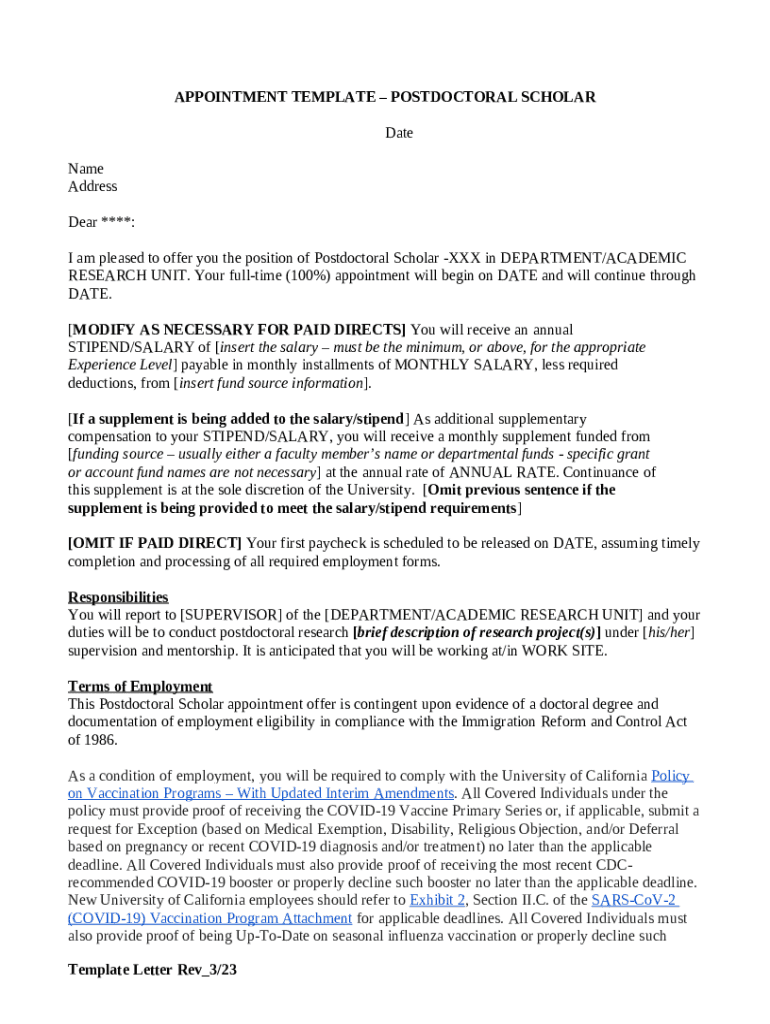 APPOINTMENT TEMPLATE - POSTDOCTORAL SCHOLAR - apo ucsc Doc Template | pdfFiller