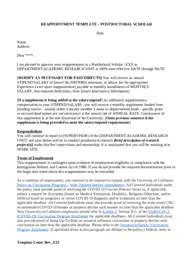 SAMPLE POSTDOCTORAL SCHOLAR REAPPOINTMENT ... - apo ucsc Doc Template ...
