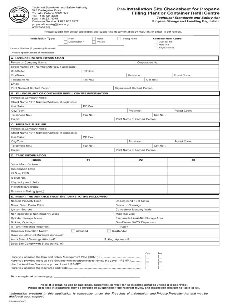Fillable Online FS 09108 Pre-installation Checksheet for Propane ...