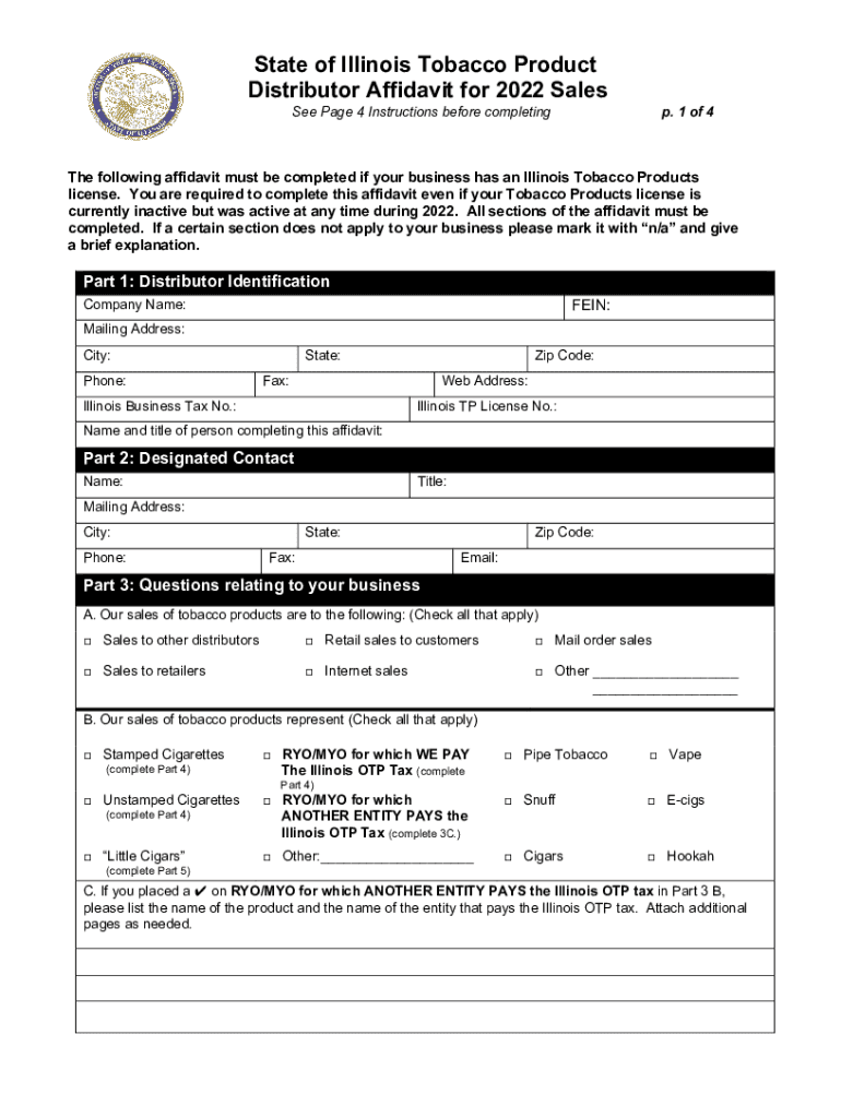 Fillable Online State of Illinois Tobacco Product Distributor Affidavit ...