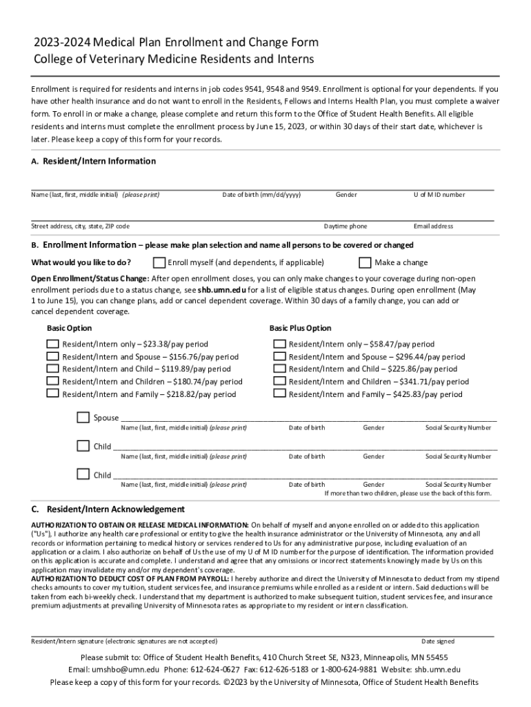 Fillable Online shb umn 2023-2024 Medical Plan Enrollment and Change ...