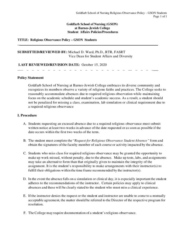 Fillable Online Religious Observance PolicyGoldfarb School of Nursing ...