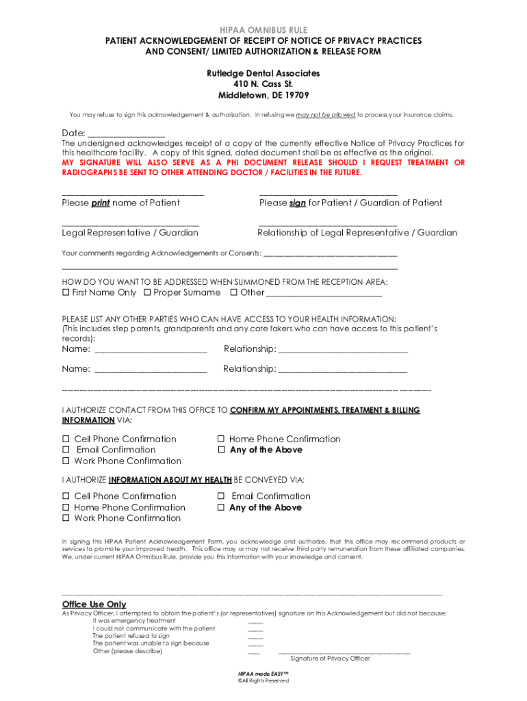 Fillable Online HIPAA OMNIBUS RULE Patient Acknowledgement of Receipt ...