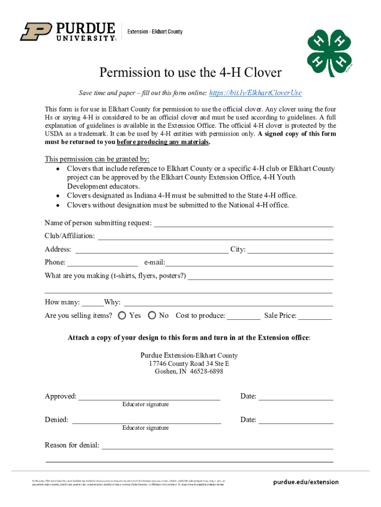Fillable Online extension purdue Permission to use the 4-H Clover Fax ...