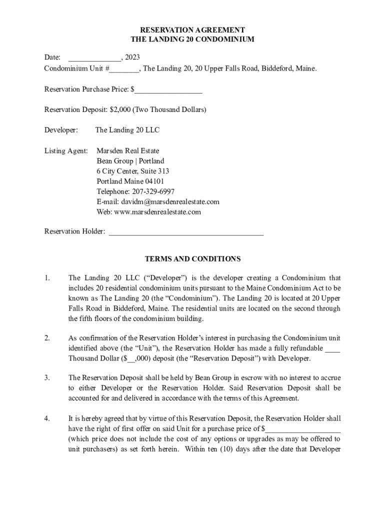 Fillable Online Reservation Agreement The Landing 20 Condominium Fax Email Print - pdfFiller