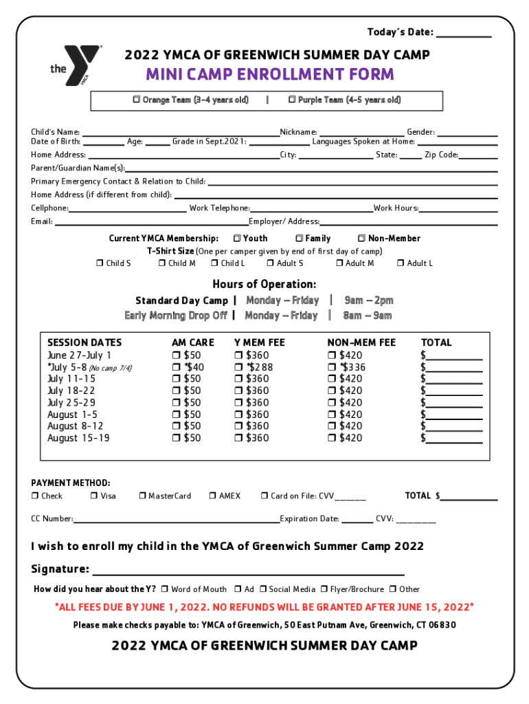 Fillable Online School Vacation CampGreenwich YMCA Fax Email Print - pdfFiller