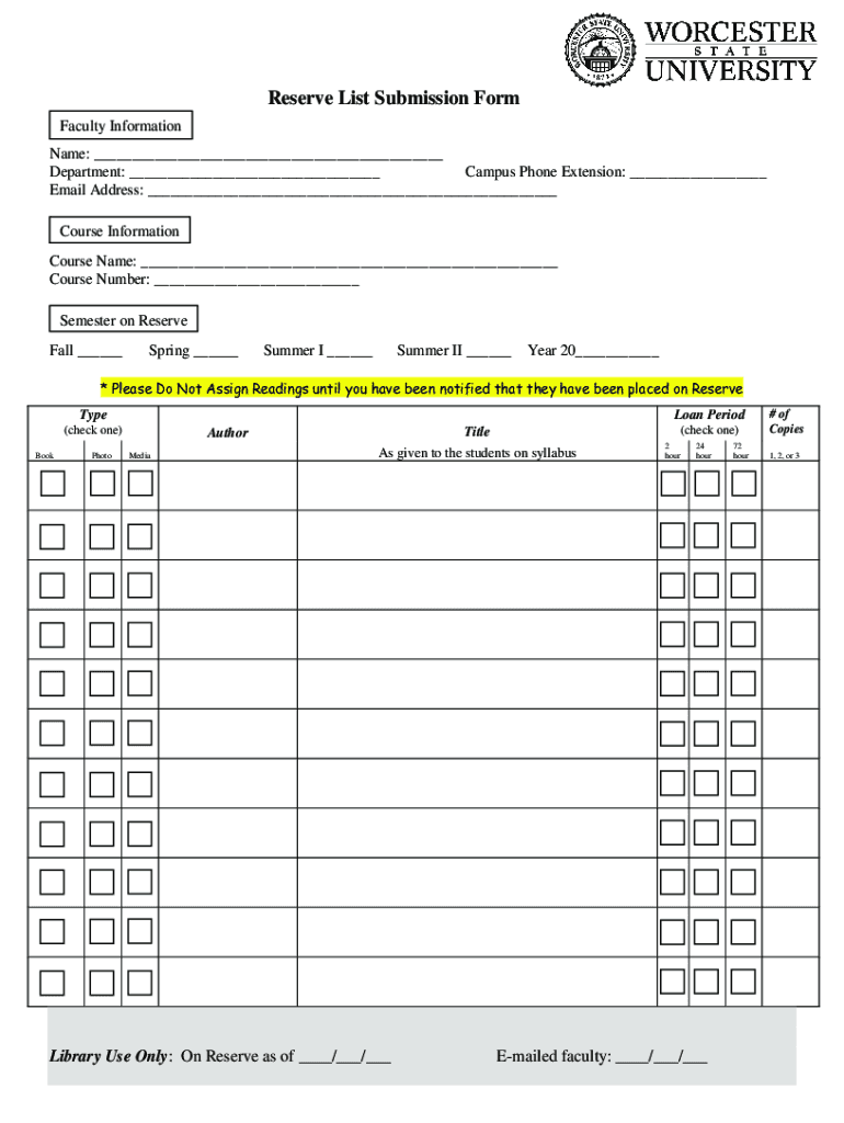 Fillable Online Reserve List Submission Form Fax Email Print - pdfFiller