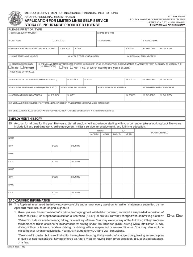 Fillable Online insurance mo 375-1030 (4-18) APPLICATION FOR LIMITED ...