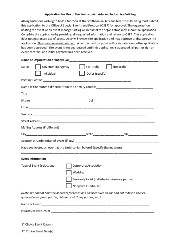 Fillable Online Application for Use of the Smithsonian Arts and Industries ... Fax Email Print ...