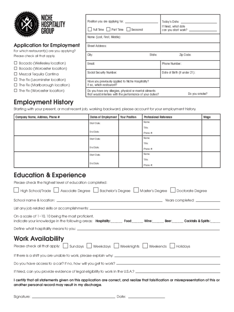 Fillable Online Employment History Work Availability Education ...