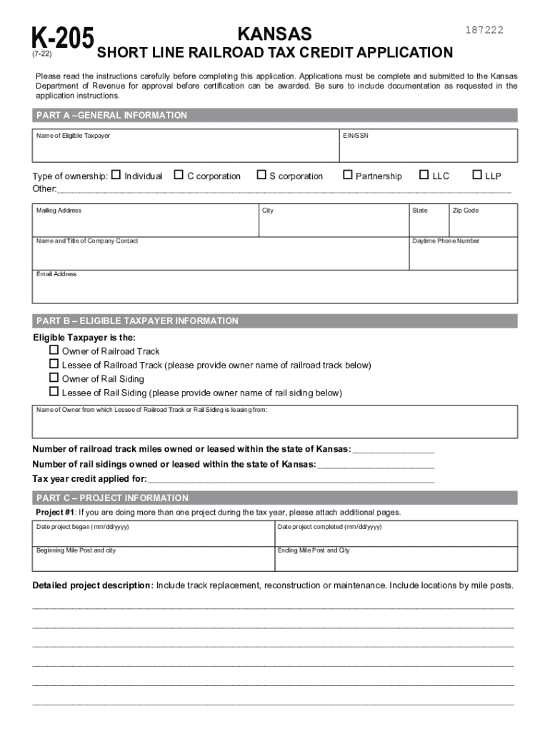 Fillable Online K-205 Short Line Railroad Tax Credit Application (7-22 ...