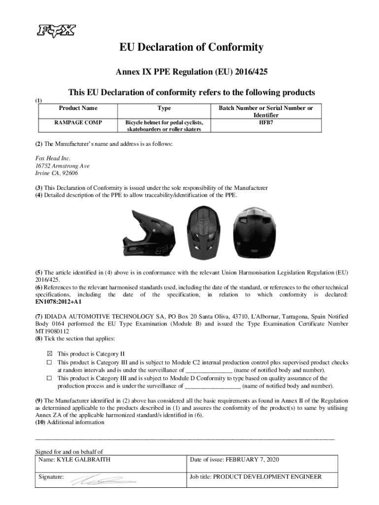 Fillable Online EU Declaration of Conformity - Annex IX PPE Regulation ...