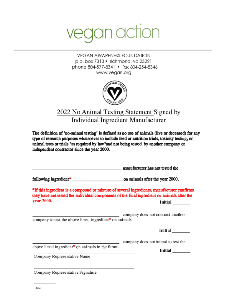 Fillable Online 2022 No Animal Testing Statement Signed by Individual ...