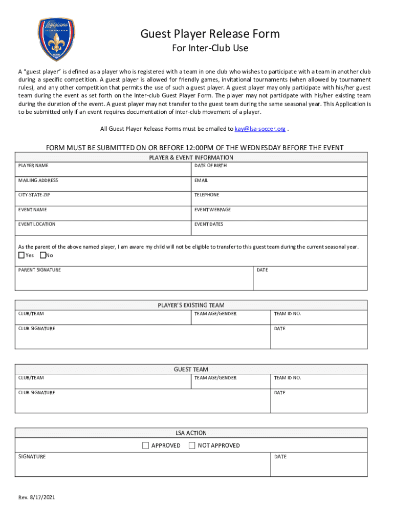 Fillable Online Guest Player Release Form - For Inter-Club Use Fax ...