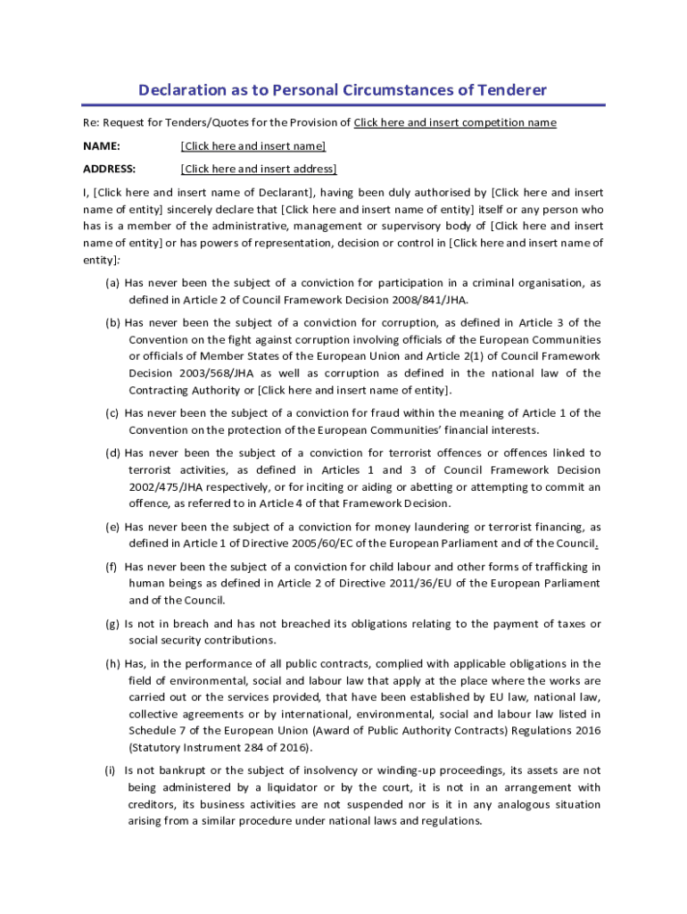 Fillable Online Declaration as to Personal Circumstances of Tenderer ...