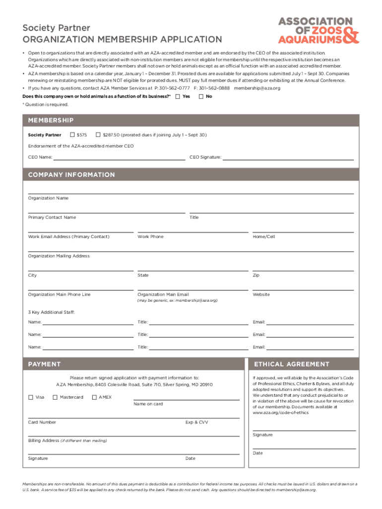 Fillable Online Society Partner ORGANIZATION MEMBERSHIP APPLICATION Fax ...