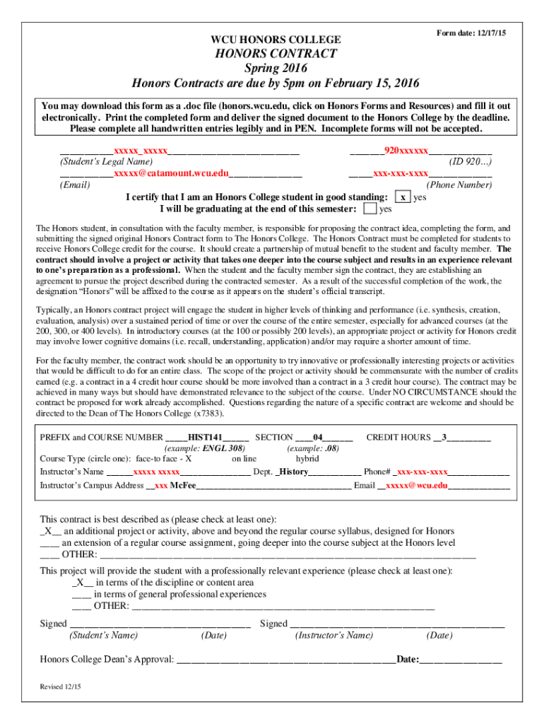 Fillable Online Fillable Online wcu Honors Contract Spring2016 final Fax Email Print - pdfFiller