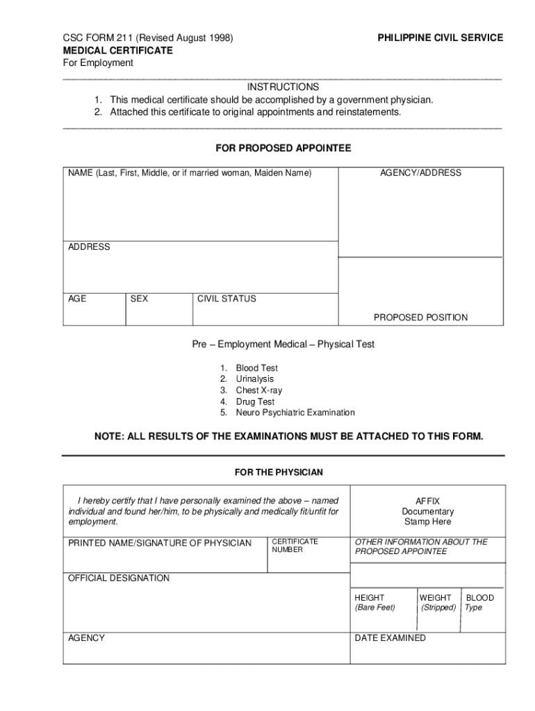 Fillable Online CSC Form 211 - Medical Certificate PDF Fax Email Print ...