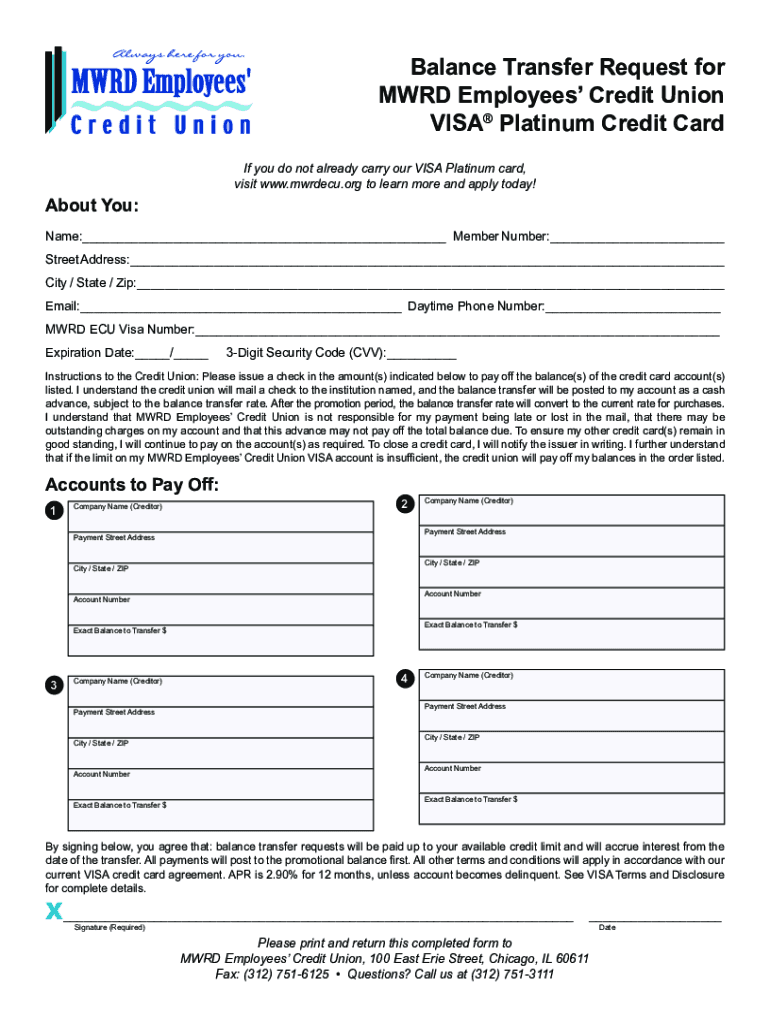 Fillable Online MWRD Employees Credit Union Balance Transfer Request ...