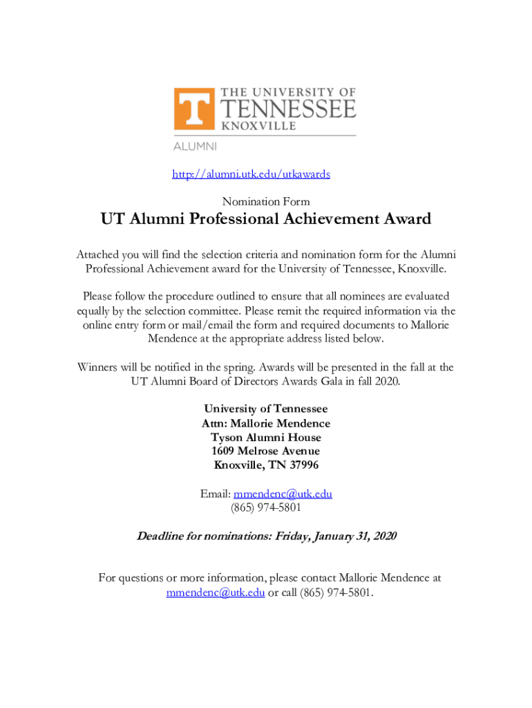 Fillable Online alumni utk Alumni Awards Program - UTK Alumni ...