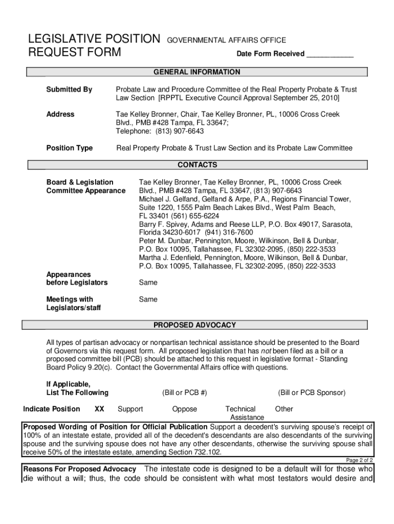 Fillable Online legislative position governmental affairs office ...