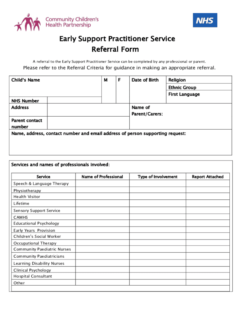 Fillable Online cchp nhs Early Support Practitioner Service Referral ...