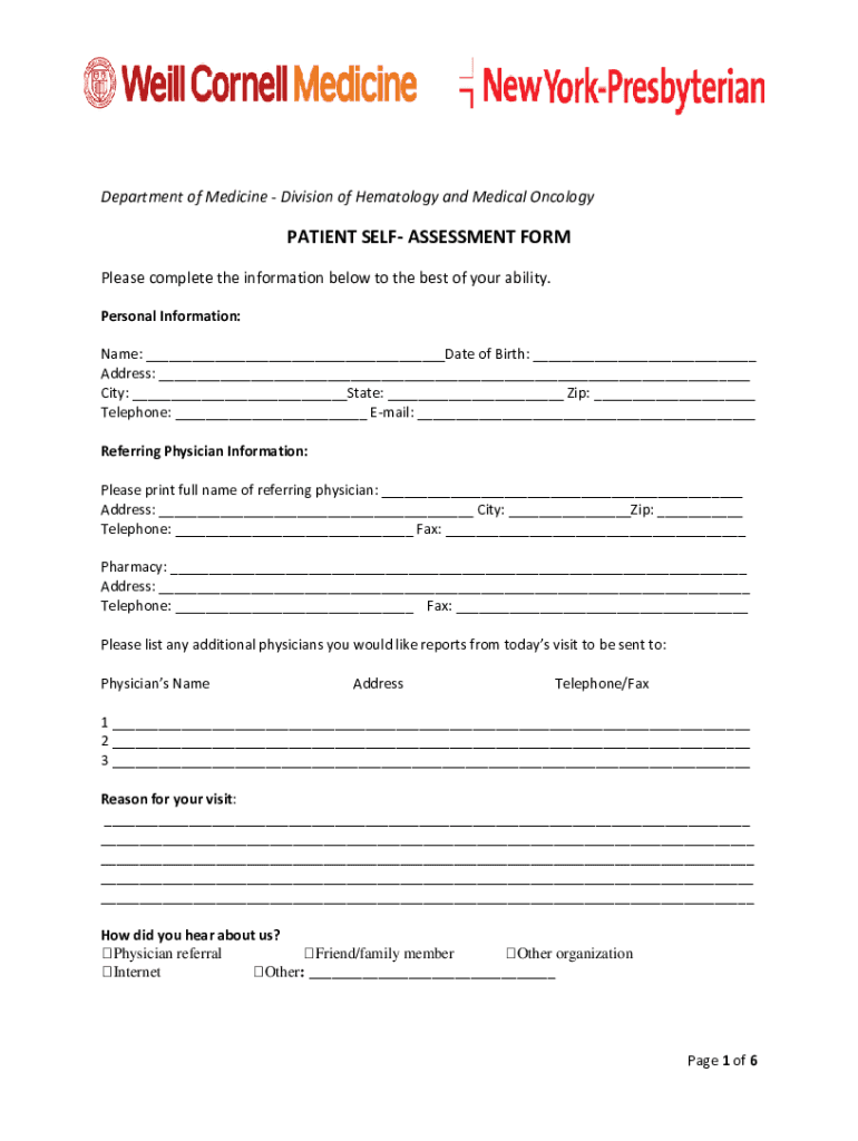 Fillable Online PATIENT SELF- ASSESSMENT FORM Fax Email Print - pdfFiller