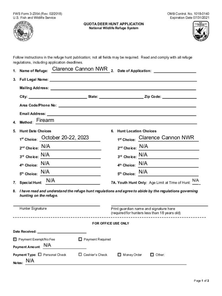 Fillable Online 3-2354 Quota Deer Hunt Application. Clarence Cannon ...