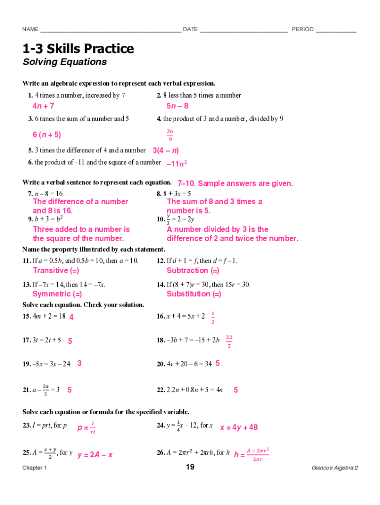 Fillable Online 1 1 Skills Practice Variables And Expressions 60DMHM Fax Email Print - pdfFiller
