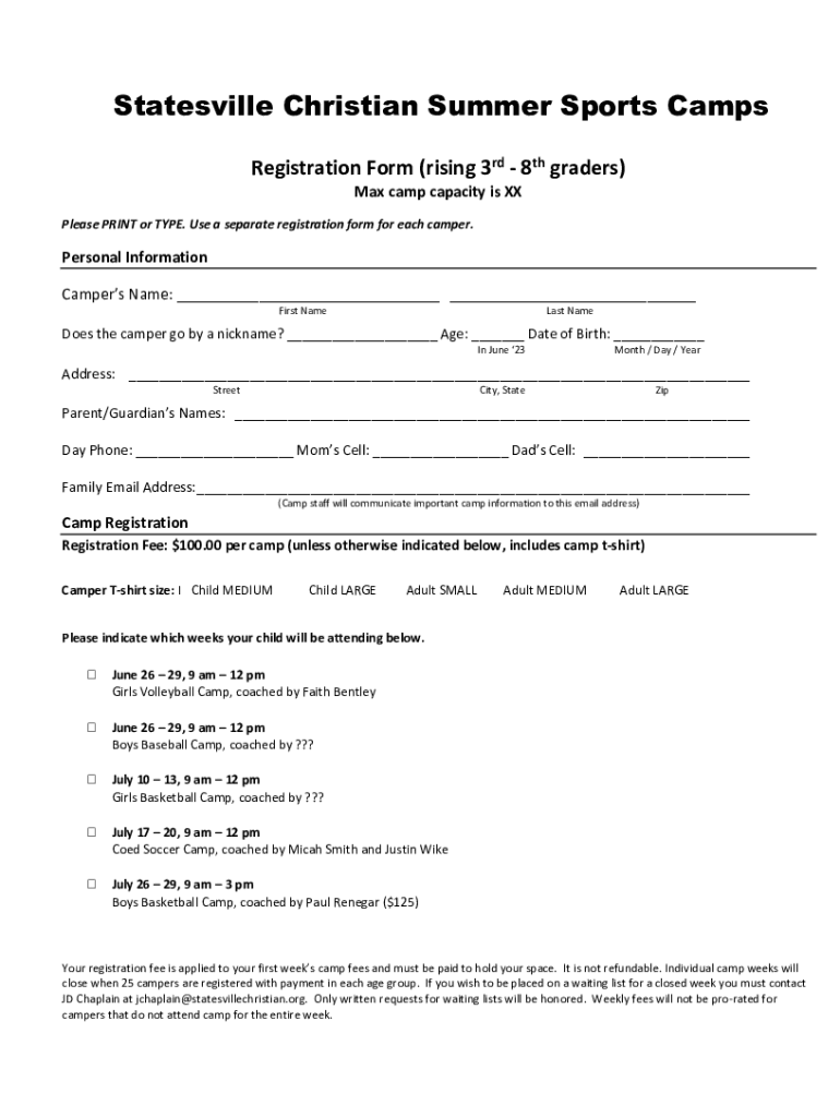 Fillable Online Summer Camp 2021 Registration Form Participant's Name ...