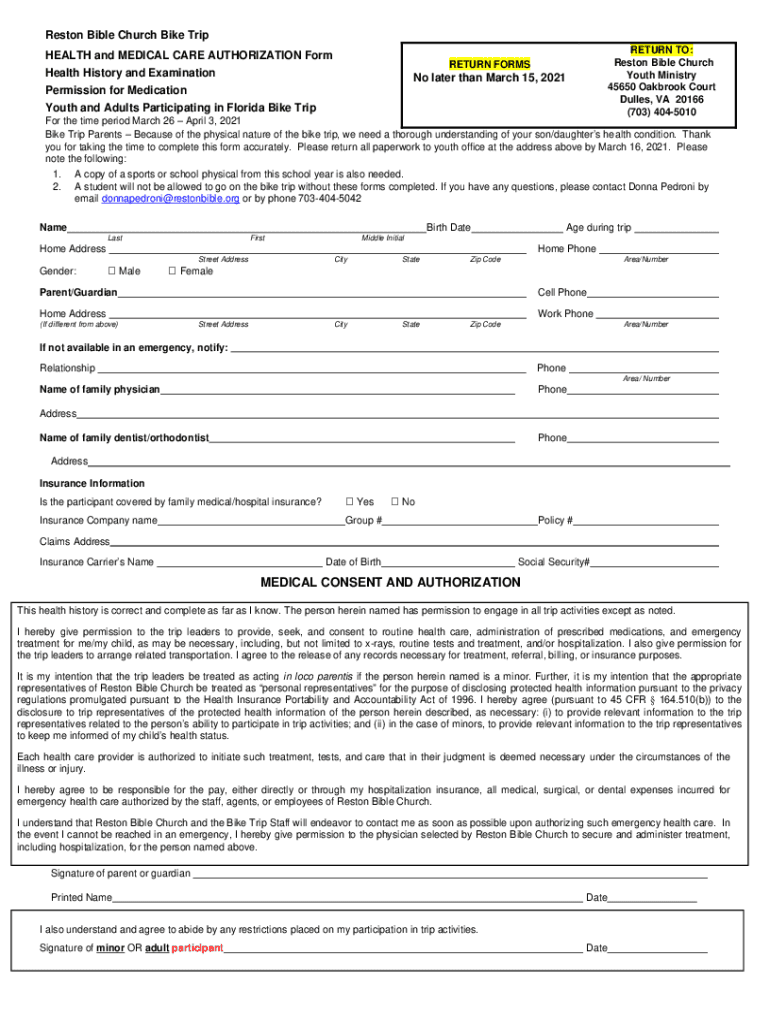 Fillable Online BIKE TRIP 2021 Health and Medical Authorization Form UD ...