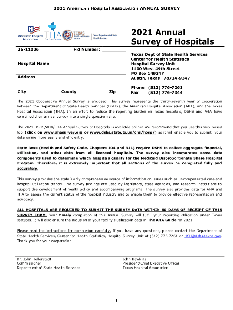 Fillable Online 2021 Annual Survey of Hospitals. 2021 Annual Survey of ...