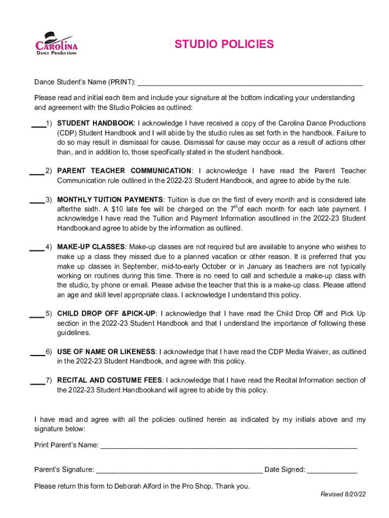 Fillable Online Studio Policies Signature Form Fax Email Print - pdfFiller