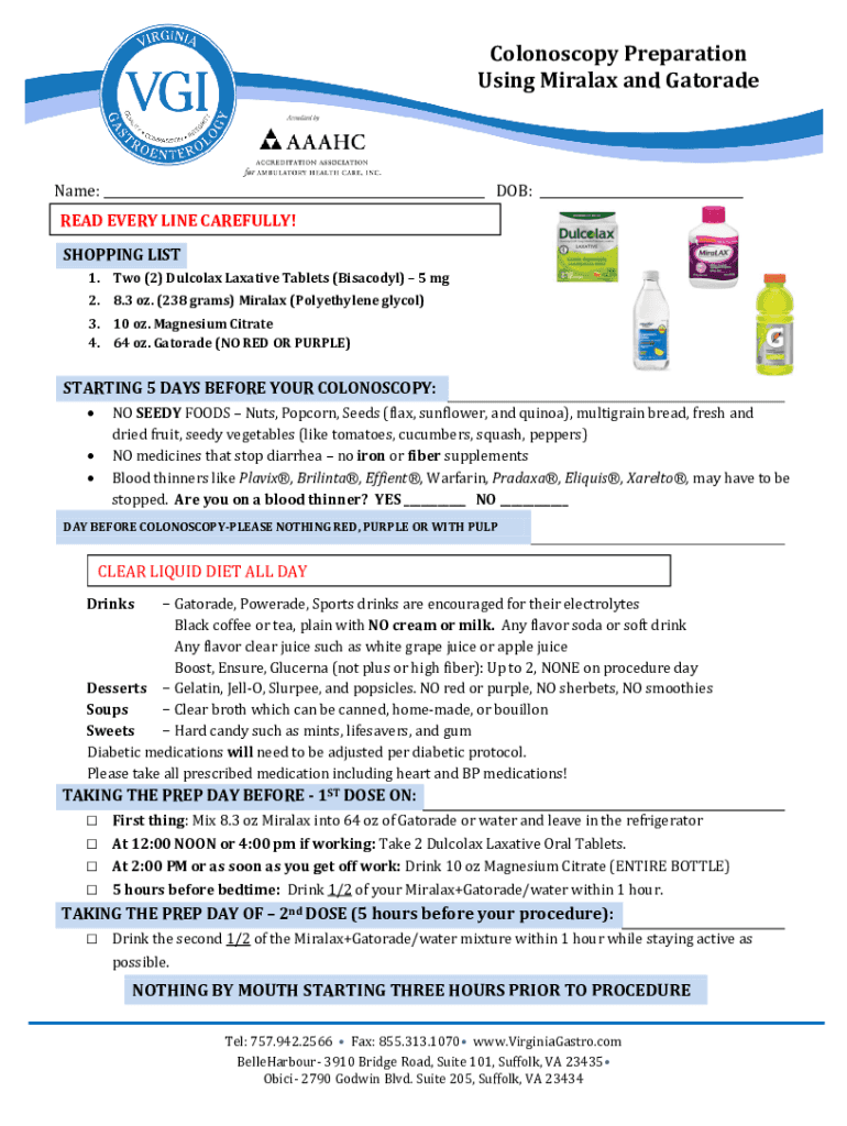Fillable Online Preparing for your Colonoscopy using Miralax (OTC) and ...
