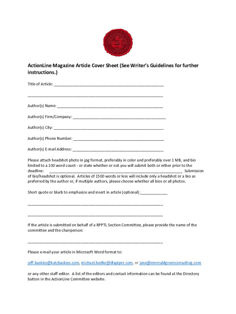 Fillable Online ActionLine Magazine Article Cover Sheet Fax Email Print ...