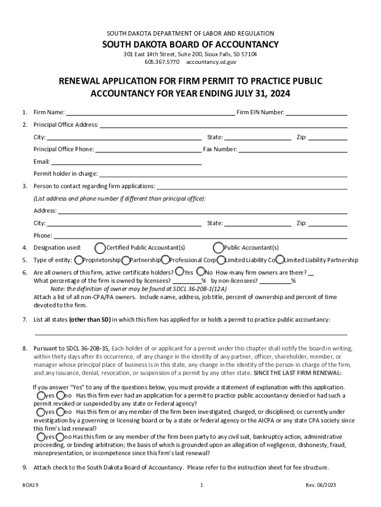 Fillable Online dlr sd RENEWAL APPLICATION FOR FIRM PERMIT TO PRACTICE PUBLIC ACCOUNTANCY Fax ...