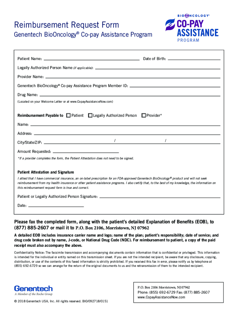 Fillable Online Reimbursement Request Form Genentech ... Fax Email ...