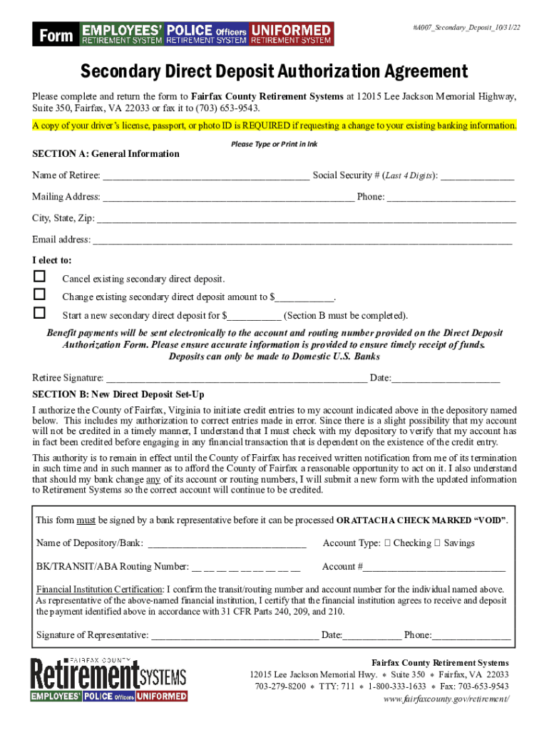 Fillable Online Secondary Direct Deposit Authorization Agreement Fax Email Print - pdfFiller